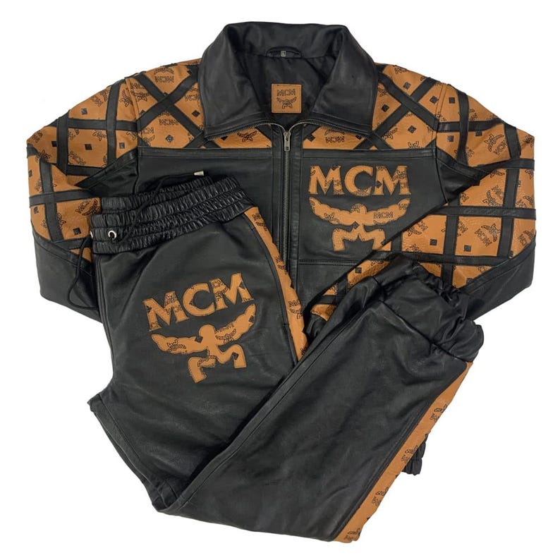 MCM Leather Tracksuit: Men’s Black & Brown Monogram Biker Suit - Etsy