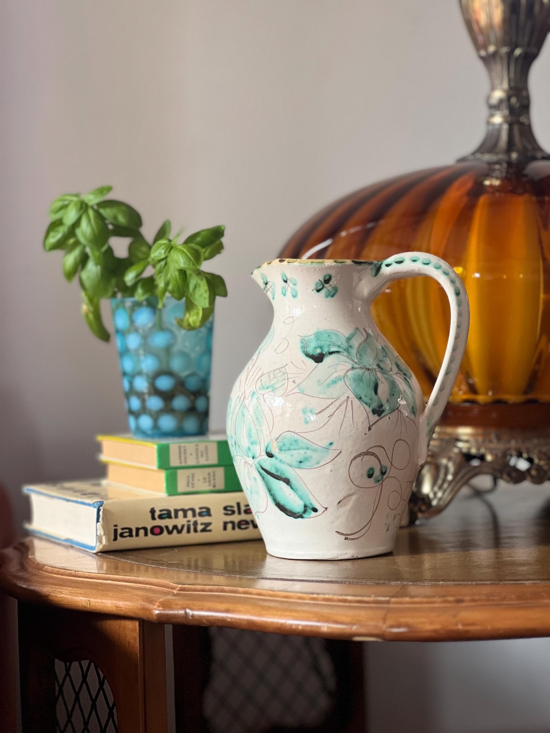 Vintage Hand-painted Ceramic Pitcher – Green Floral Art Pottery Jug - Etsy