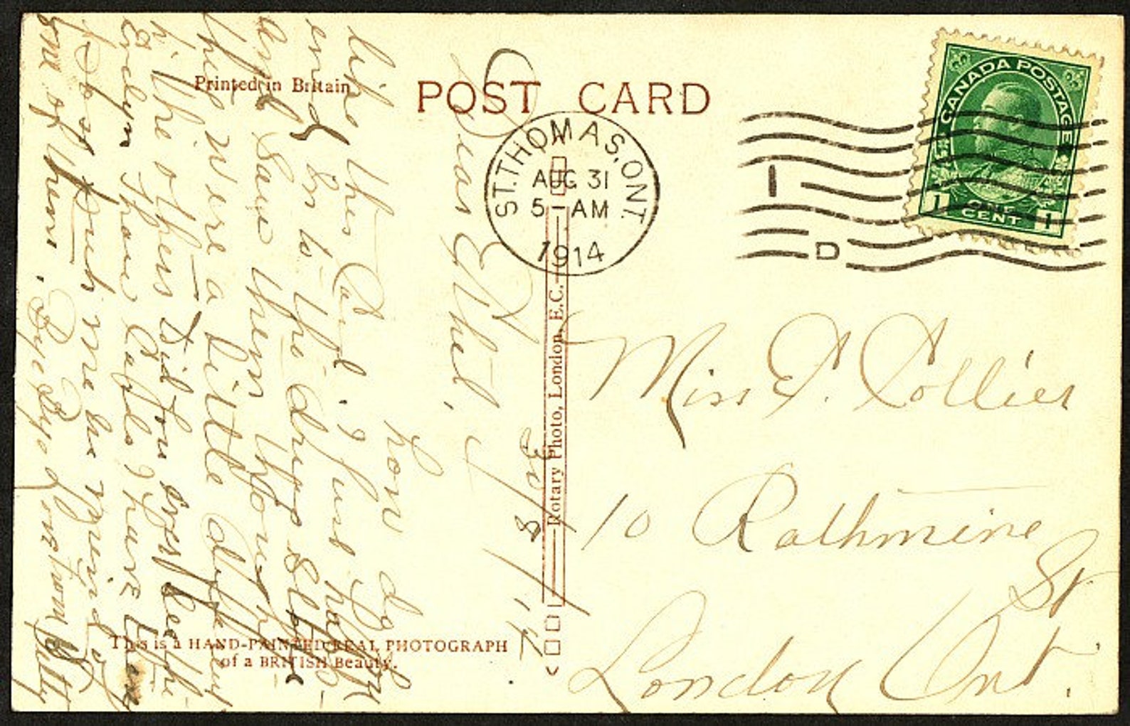 1914 WWI BRITISH Beauty POSTCARD Rotary Photo, London Hand Painted ...