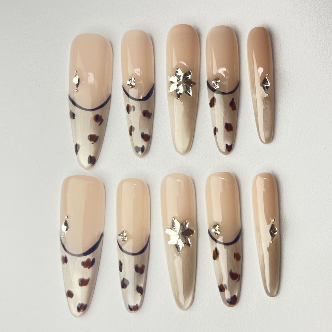 Handmade Leopard Print Press on Nails | Rhinestone Coffin Nails - Etsy