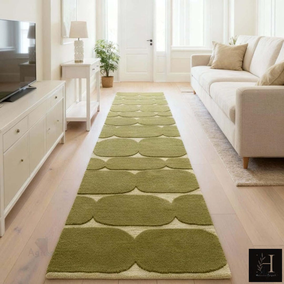 Handmade Wool Runner Rug: Olive Green Geometric Hallway Carpet - Etsy