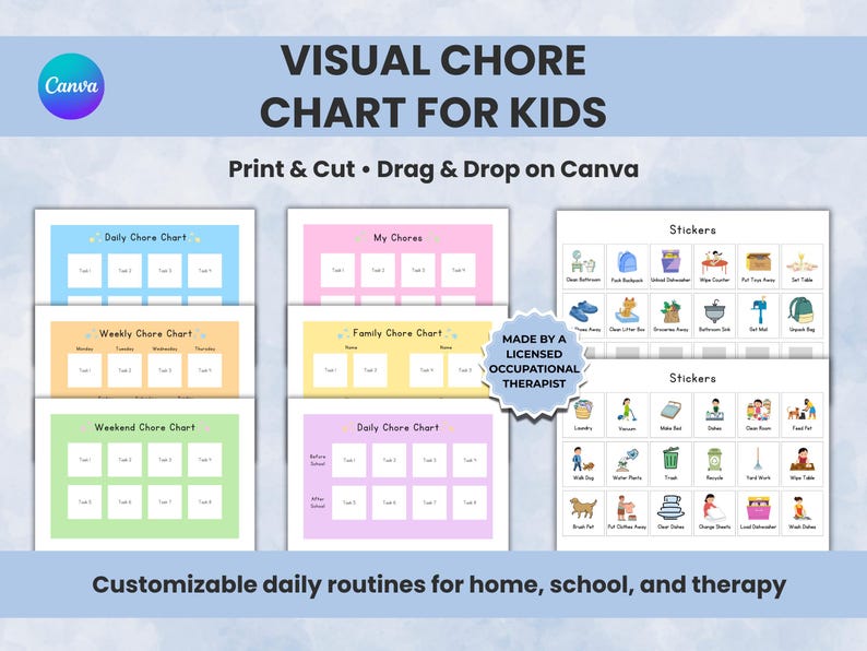 Visual Chore Chart for Kids, Visual Schedule Printable, Kids Chore ...