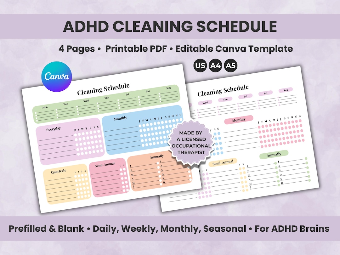 Editable ADHD Cleaning Schedule, Printable Cleaning Planner Weekly ...