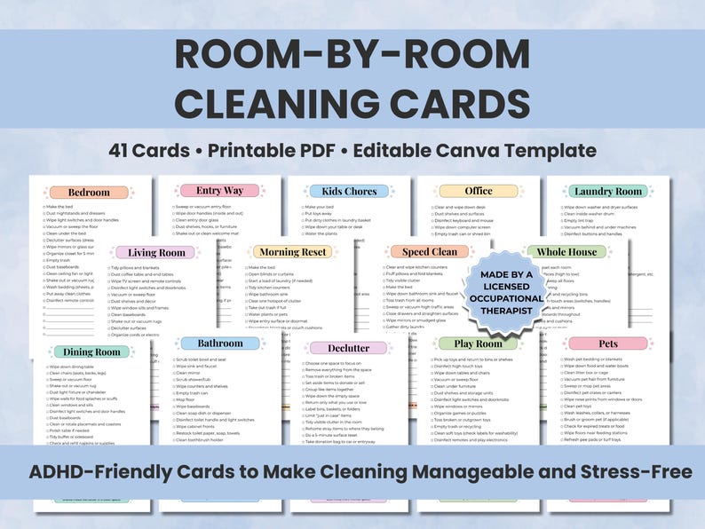 Cleaning Cards Editable & Printable, ADHD Cleaning Checklist by Room ...