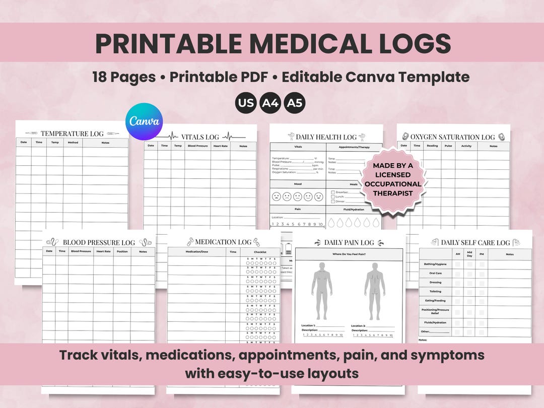 Editable Vitals and Health Logs for Chronic Illness, Eldercare, Medical ...