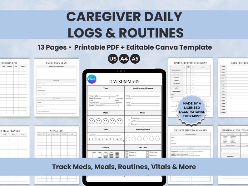 Caregiver Planner, Daily Log & Checklist Printable PDF | Elderly Care ...