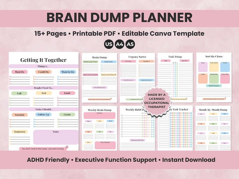 Editable ADHD Brain Dump Templates Printable | Executive Function ...