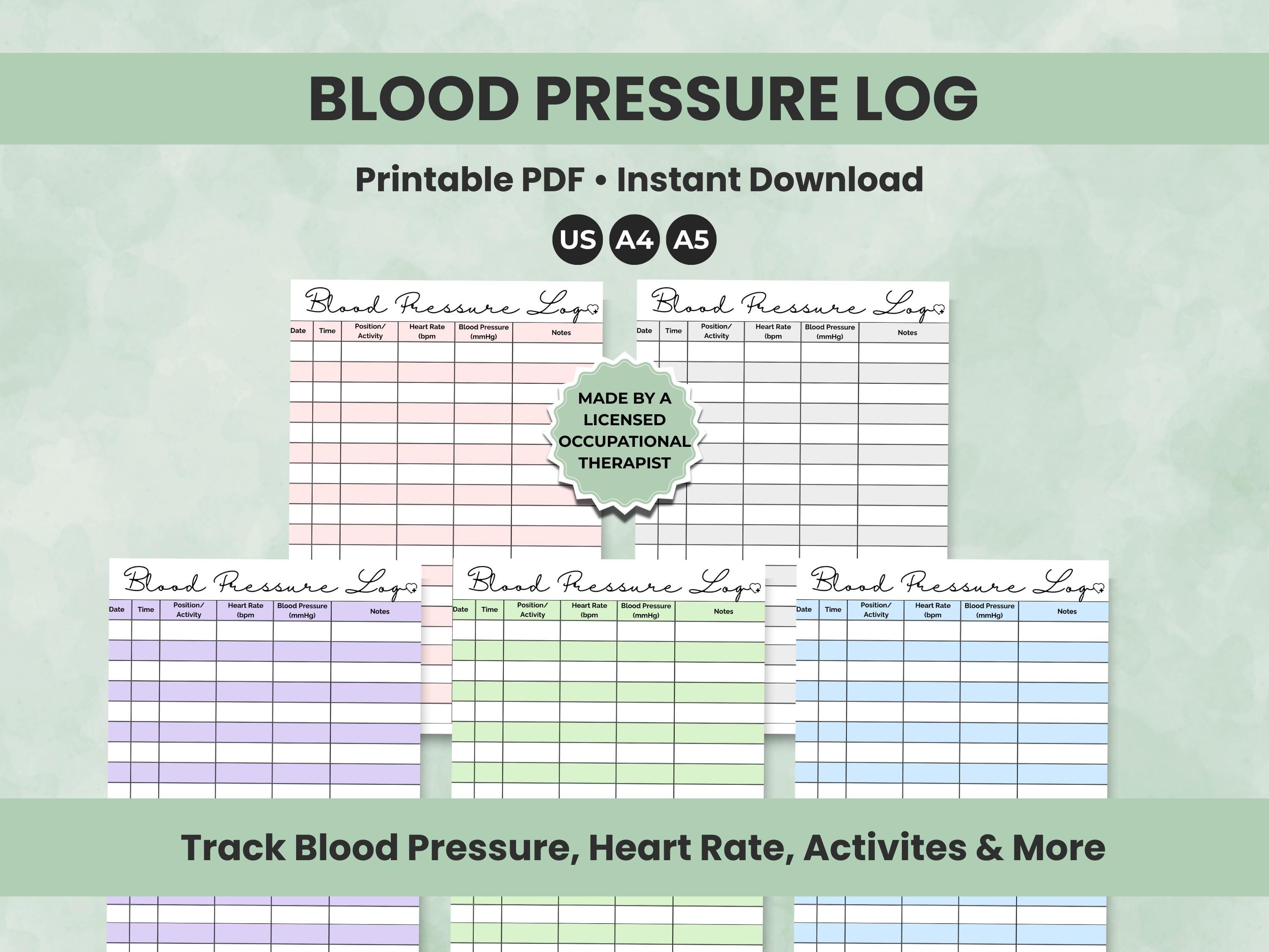 Blood Pressure Log Printable, Daily BP Chart + Tracker Sheet, Blood ...