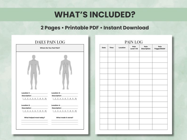 Pain Log Printable PDF, Symptom Tracker for Chronic Illness & Injury ...