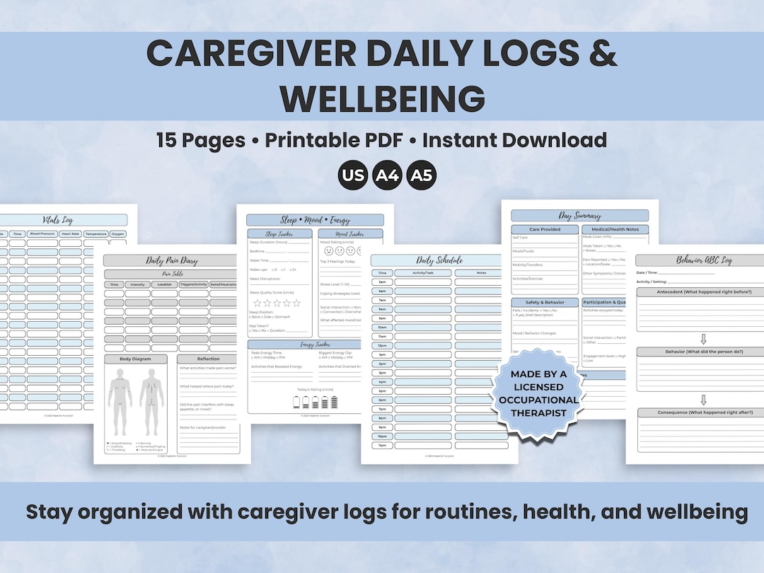 Caregiver Daily Logs + Wellbeing, Printable, Medical Record, Symptom ...