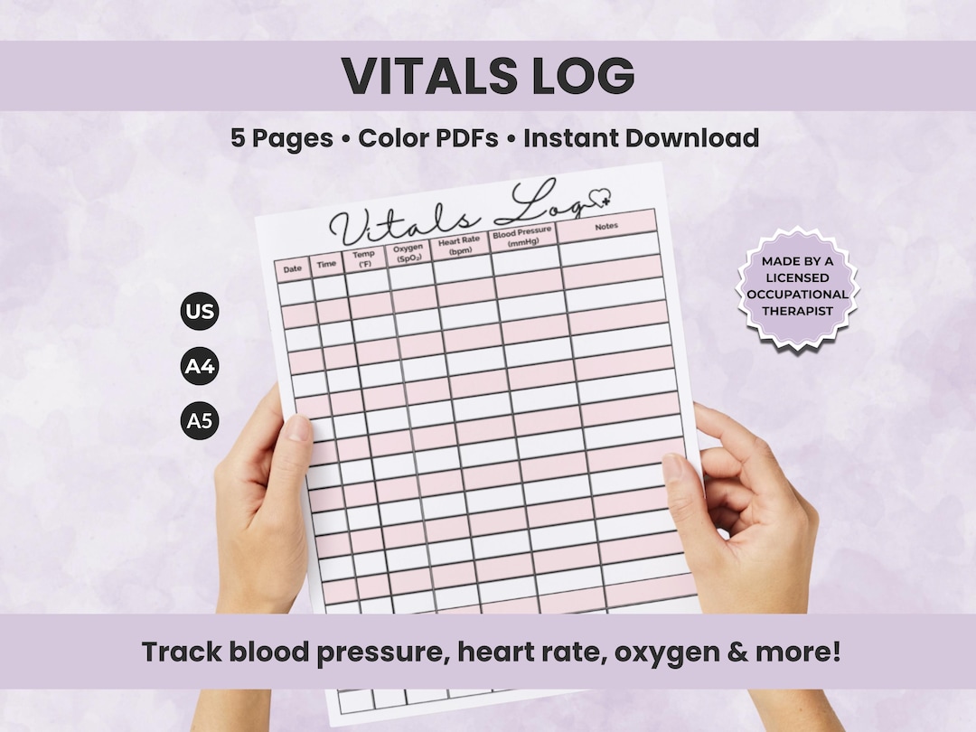 Vital Signs Log Printable Template, Blood Pressure, Heart Rate ...