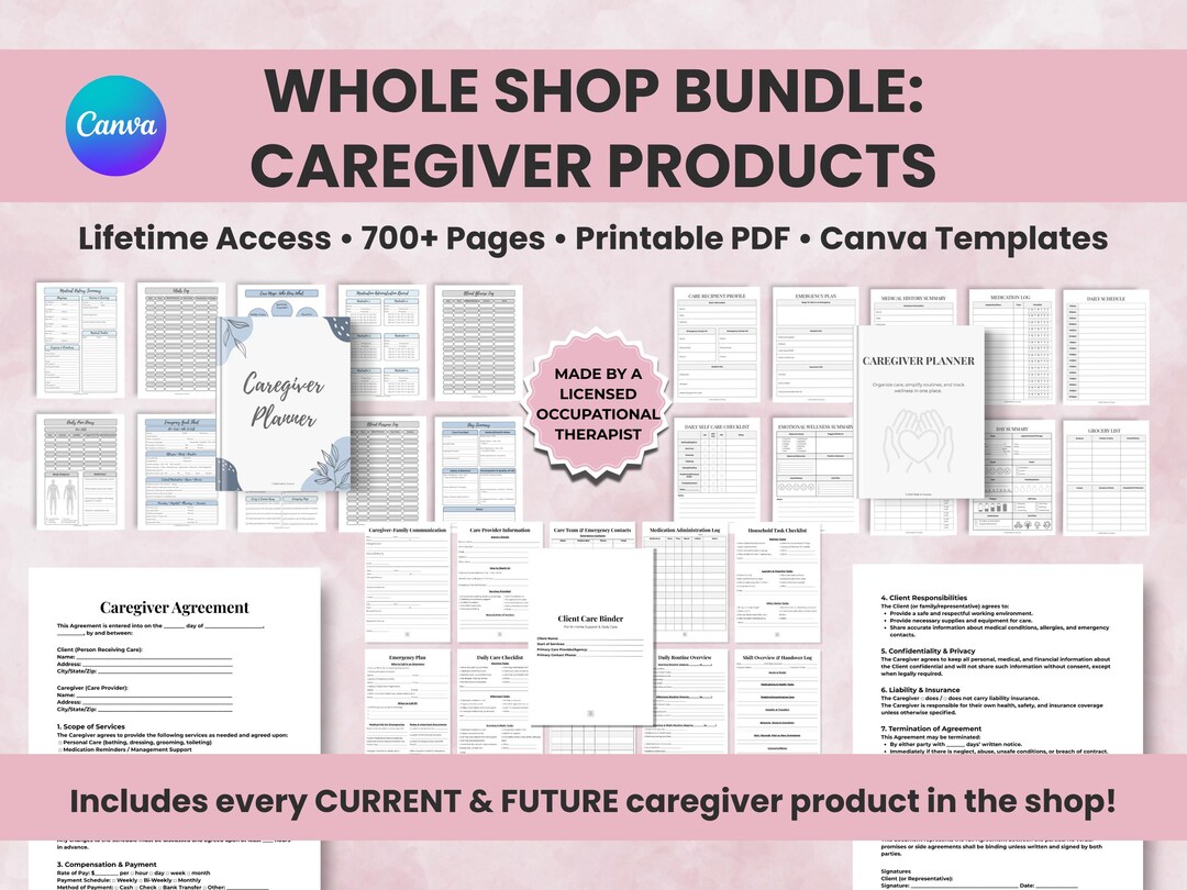 Caregiver Planner Whole Shop Bundle, Lifetime Access Printables ...