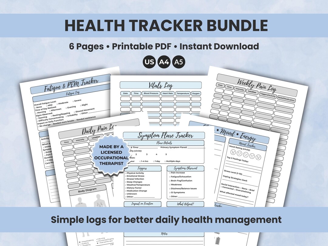 Health Tracker Bundle | Symptom Tracker, Pain Log, Fatigue & Vitals ...
