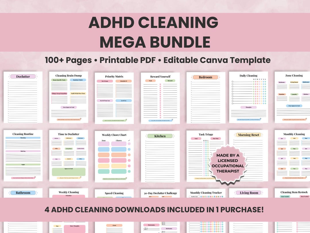 Editable ADHD Cleaning Bundle, ADHD Cleaning Planner, Checklists, Chore ...