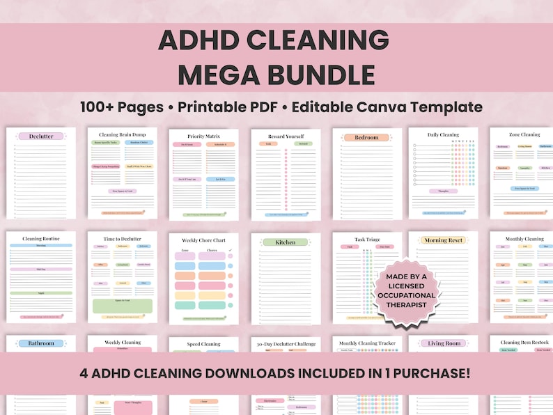 Editable ADHD Cleaning Bundle, ADHD Cleaning Planner, Checklists, Chore ...