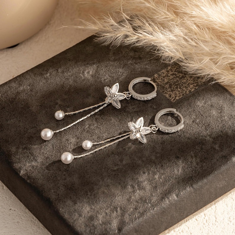 Dainty Pearl Flower Drop Earrings, 14K Gold Plated Earrings, Bridal Wedding Jewelry, Anniversary ...