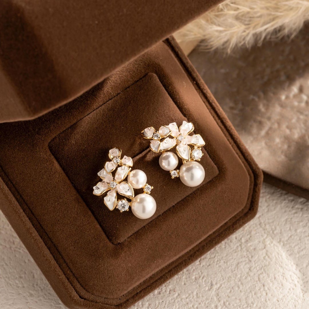 Cherry Blossoms Pearl Drop Earrings, Zircon Flower Studs, Bridal ...