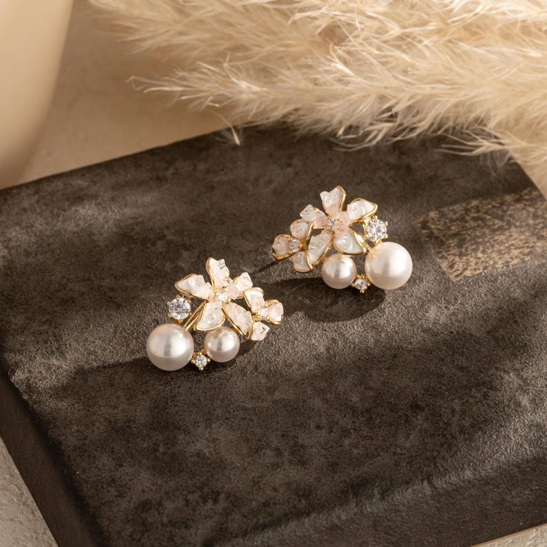 Cherry Blossoms Pearl Drop Earrings, Zircon Flower Studs, Bridal ...