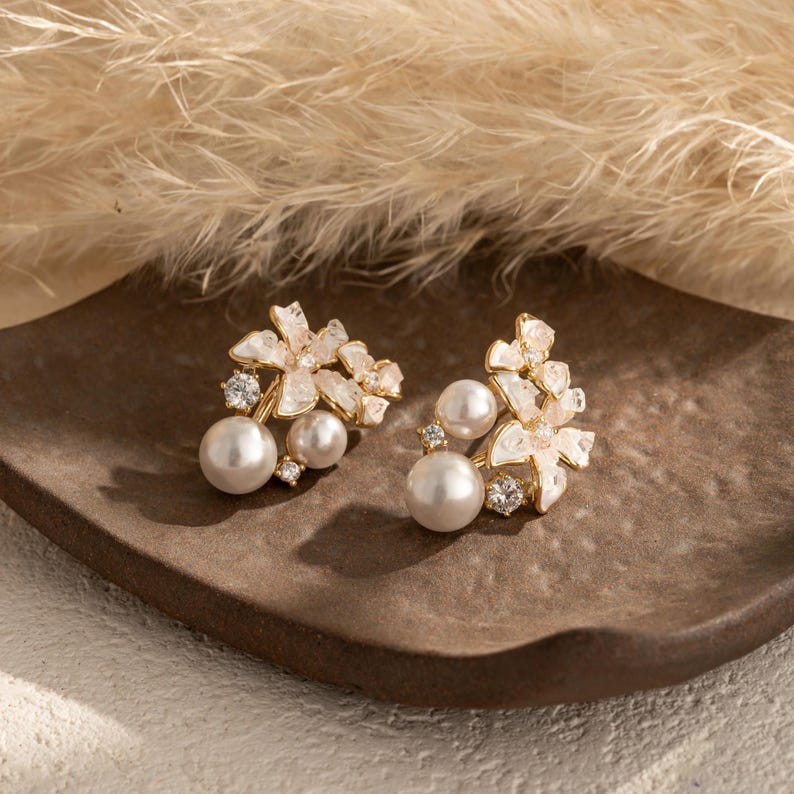 Cherry Blossoms Pearl Drop Earrings, Zircon Flower Studs, Bridal ...