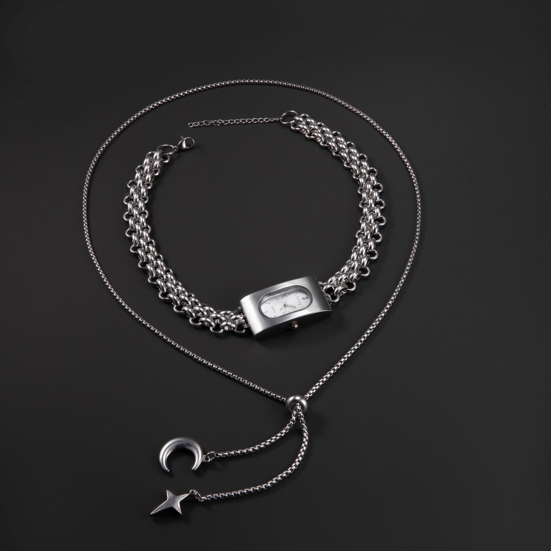 Moon Star Layered Watch Choker: Gothic Y2K Bracelet, Stainless Steel - Etsy