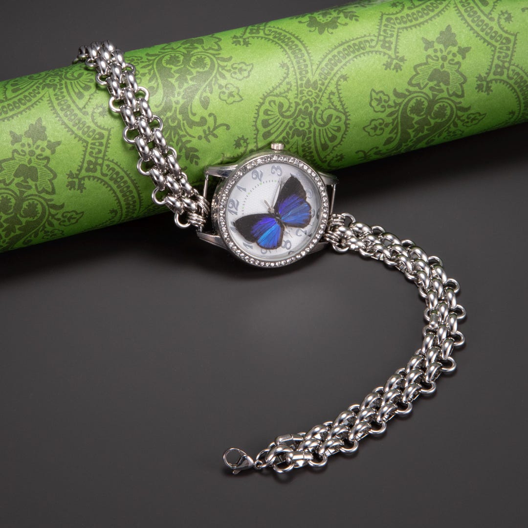 Blue Butterfly Charm, Victorian Gothic Clock Watch Choker, Fantasy ...