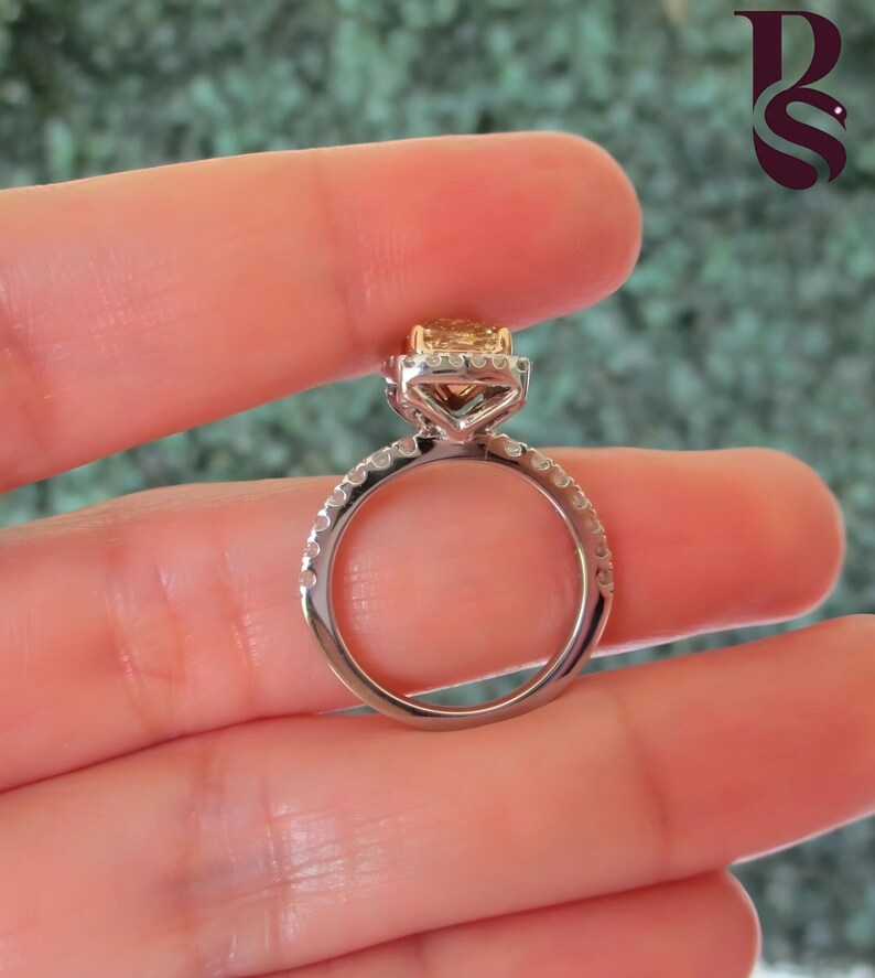 2 Carat Cushion Cut Fancy Yellow Lab-grown Diamond Ring: Halo & Pave ...