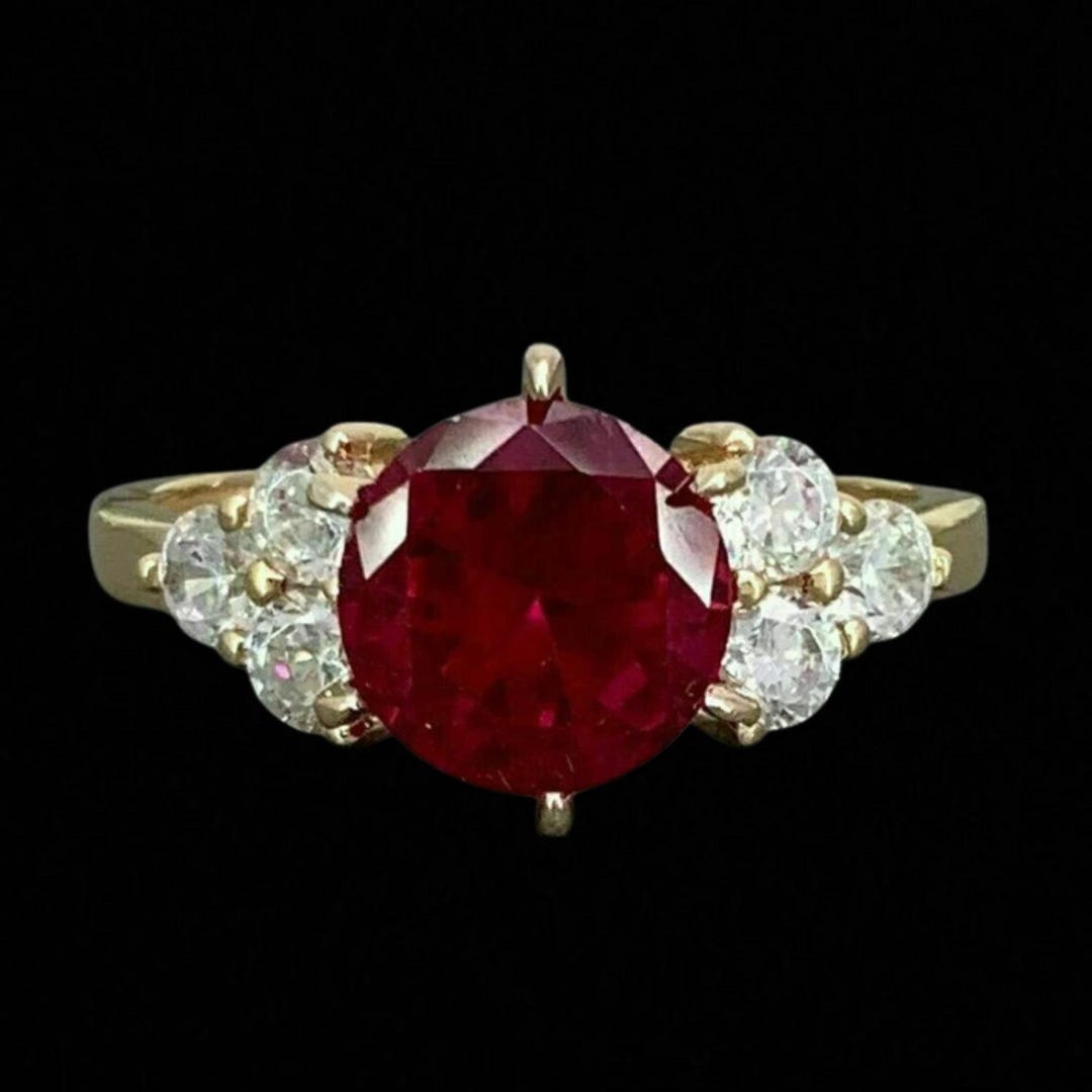Round Vivid Ruby With Round Brilliant Cut Diamond Engagement Ring in ...