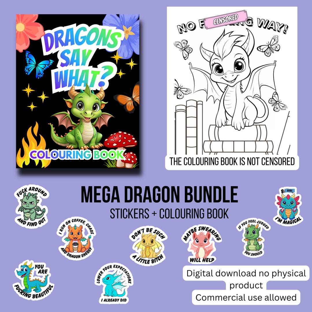 Funny Dragon Stickers & Coloring Book Bundle – Sassy Digital Art ...