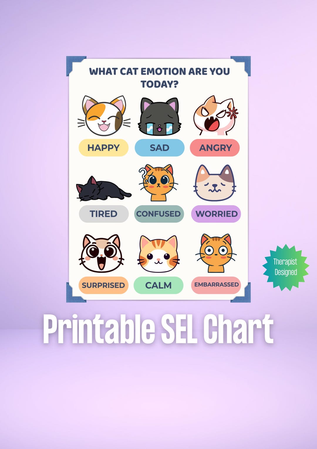Cat Emotions Chart & Emotion Regulation Poster | Printable SEL Therapy ...