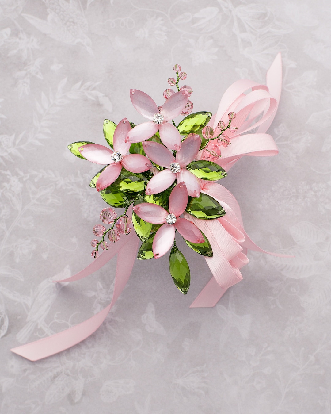 Anna Wrist Corsage in Rosey Pink Luster and Fern Green - Modern Prom ...