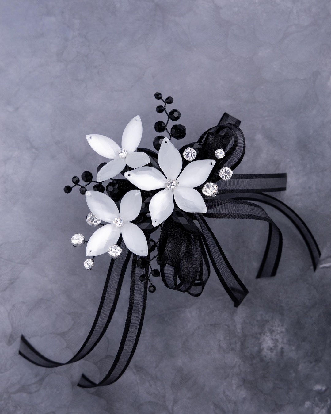 Sylvie Wrist Corsage in White Luster and Jet Black - Modern Flower ...