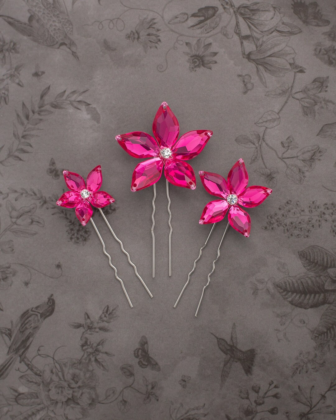 Fleur Flower Hair Pins in Hot Pink, Set of 3 Choice of Small, Medium ...