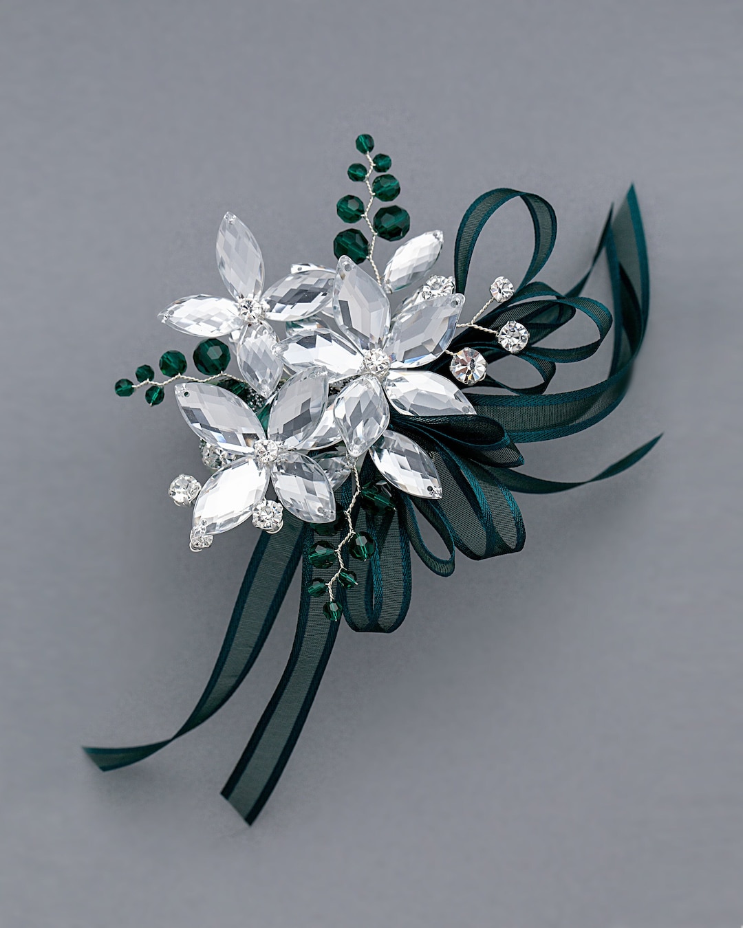 Sylvie Wrist Corsage in Silver With Deep Emerald Crystals - Modern ...