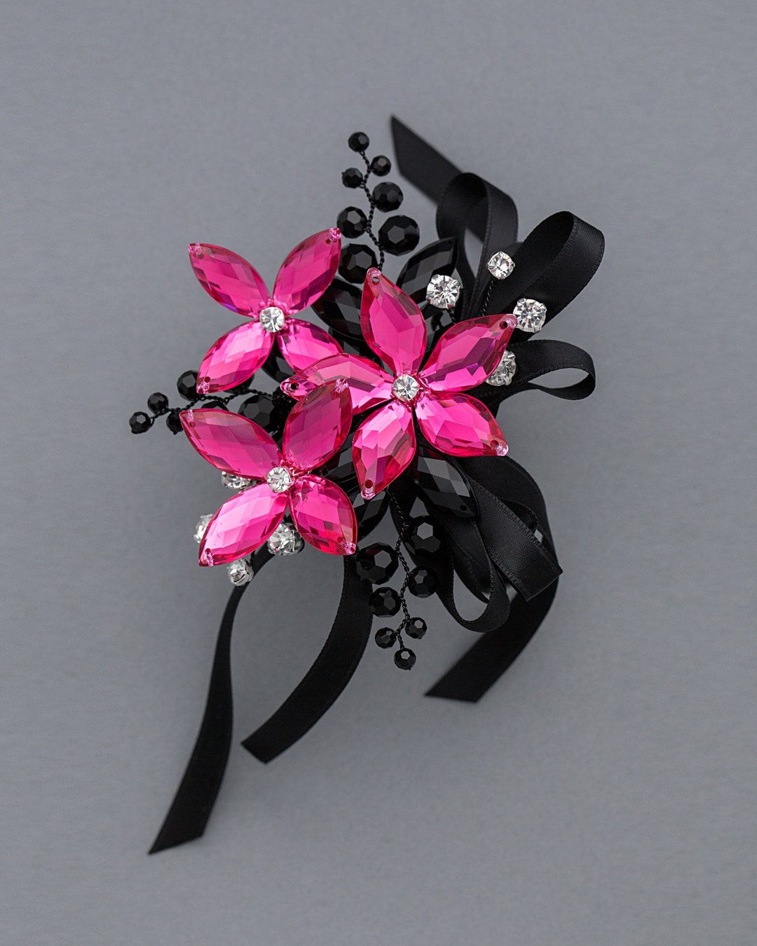 Sylvie Wrist Corsage in Hot Pink & Jet Black - Modern Flower Corsage ...