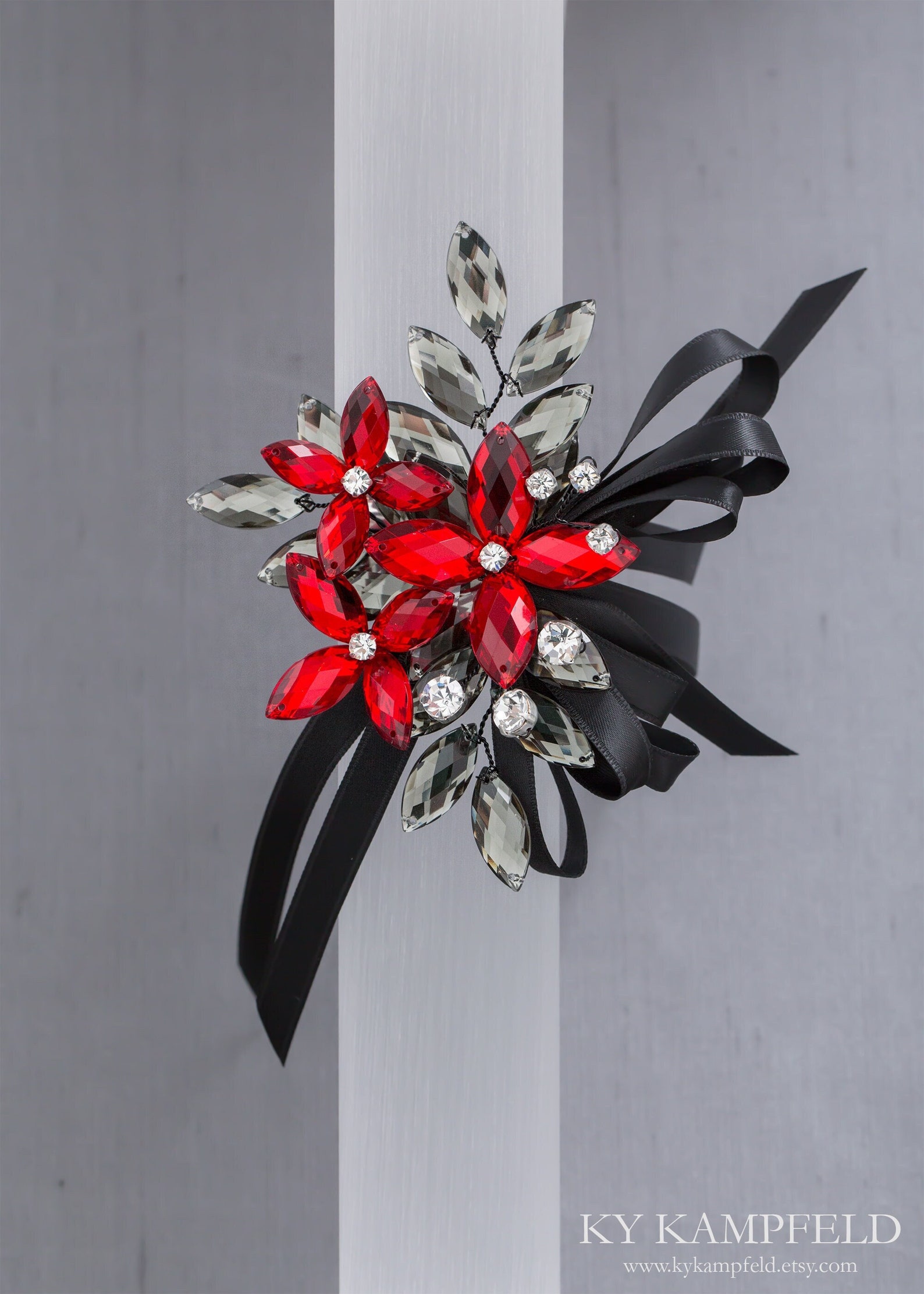 Madison Wrist Corsage in Red & Deep Graphite With Black Wire- Modern ...