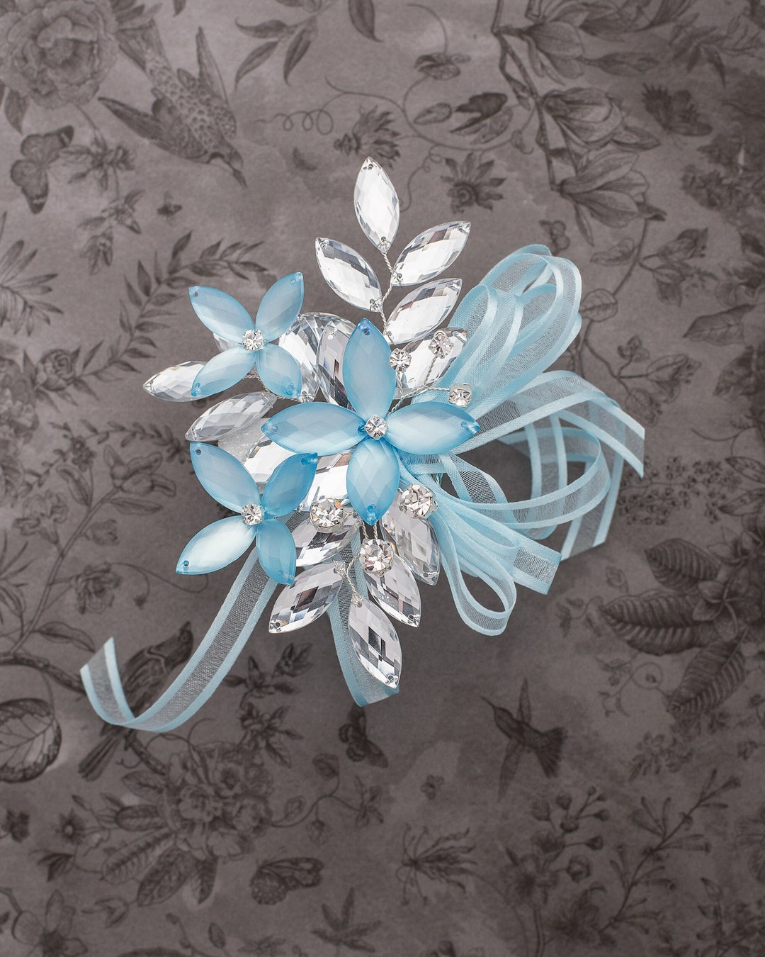 Madison Wrist Corsage in Sky Blue Luster and Silver Modern Flower ...