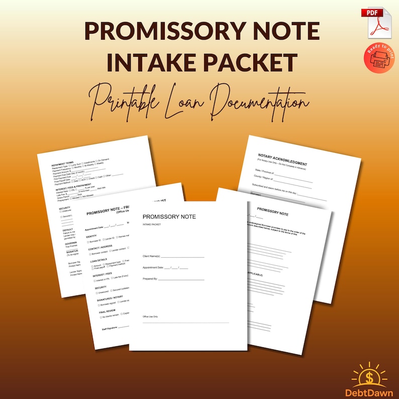 Promissory Note Intake Packet | Printable Loan Agreement Template ...