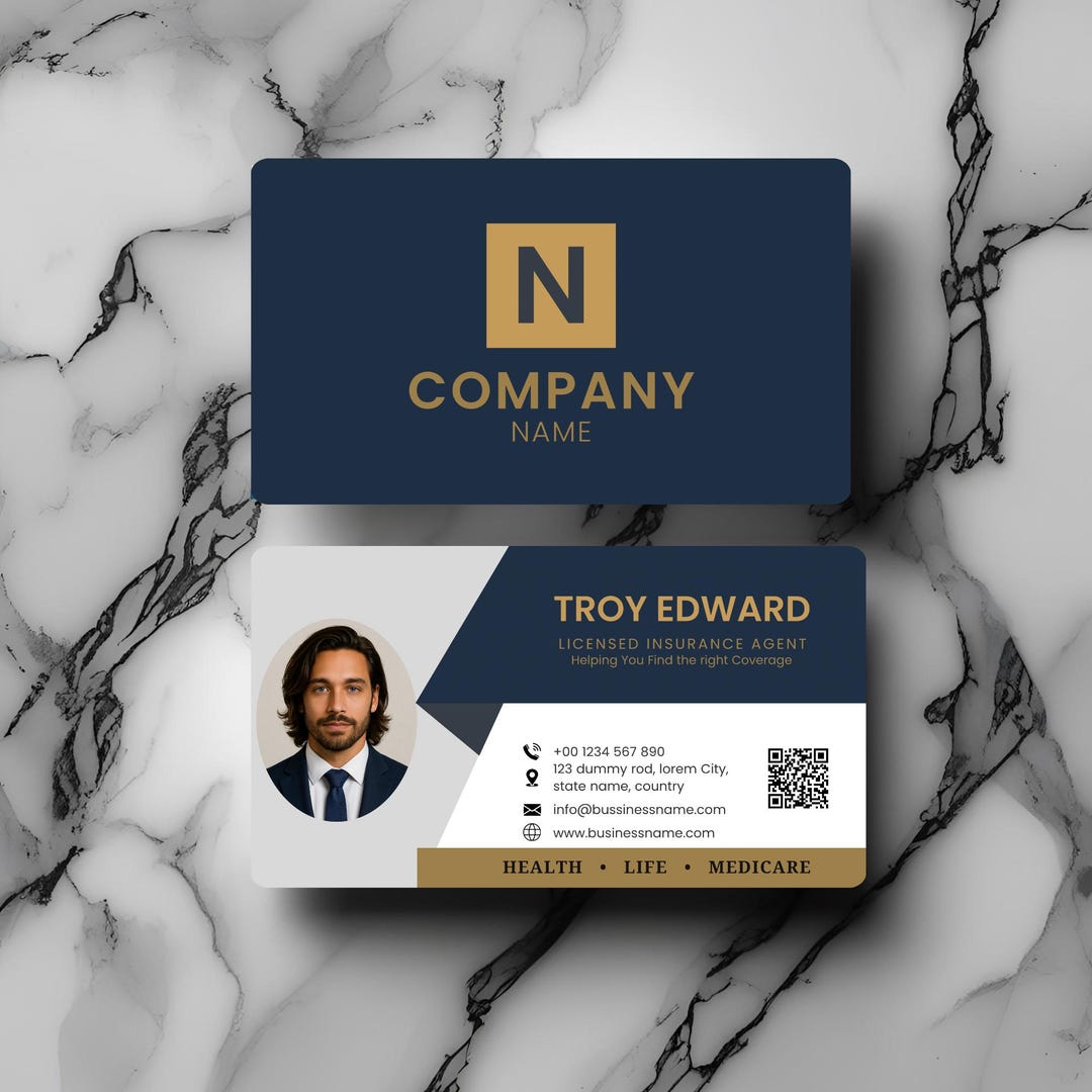 Insurance Agent Business Card Template: Navy & Gold Canva Design (3.5x2 ...