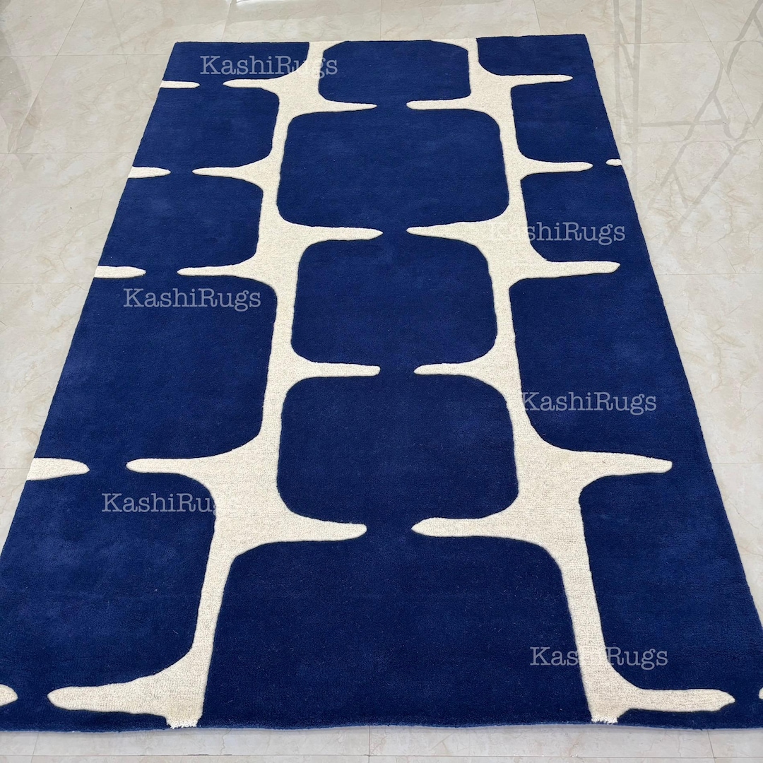 Modern Blue and White Geometric Hand Tufted Wool Rug | Mid Century ...