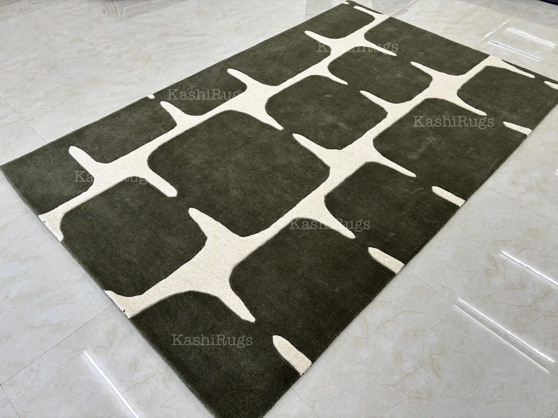 Modern Blue and White Geometric Hand Tufted Wool Rug | Mid Century ...