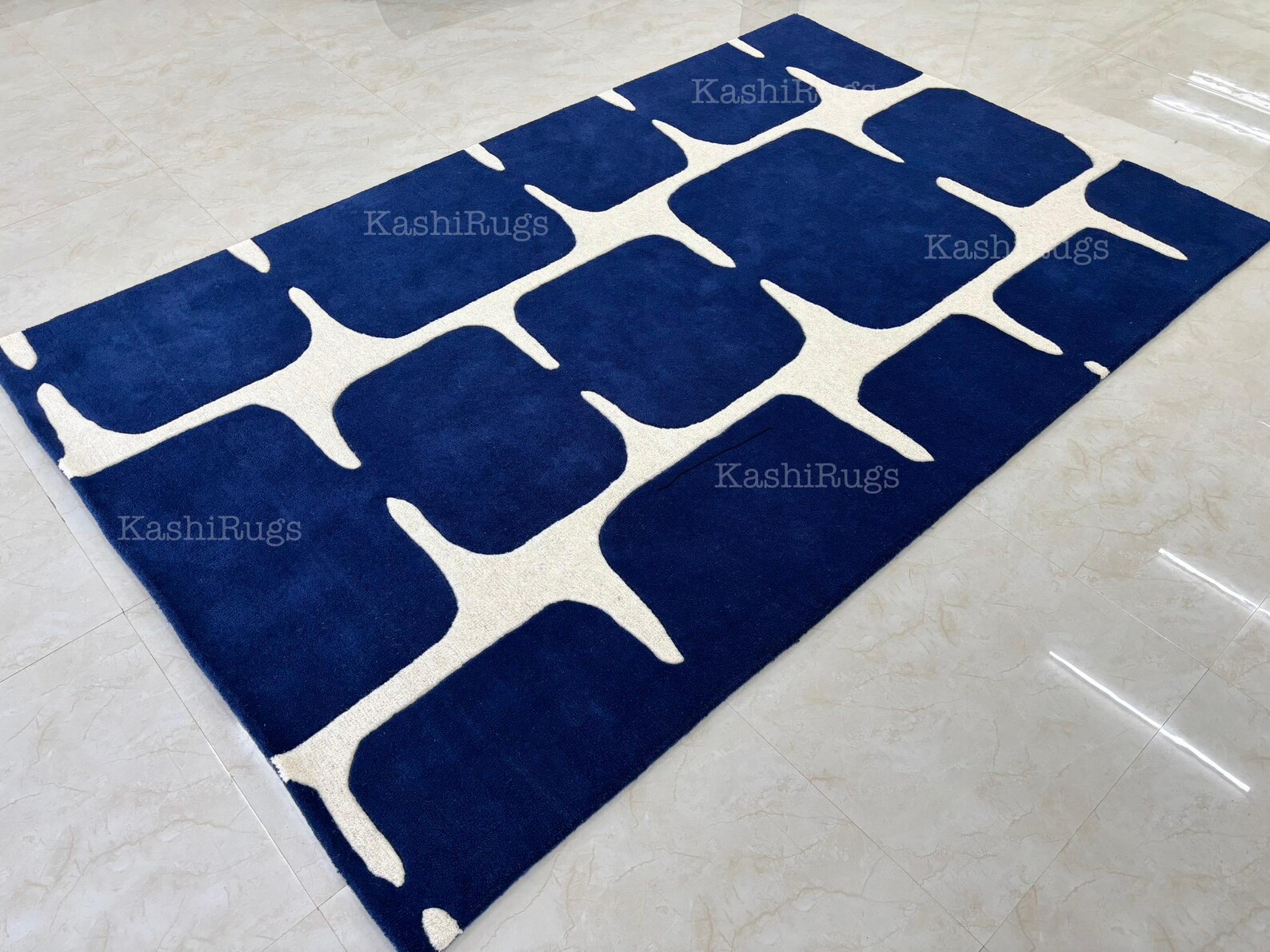 Modern Blue and White Geometric Hand Tufted Wool Rug | Mid Century ...