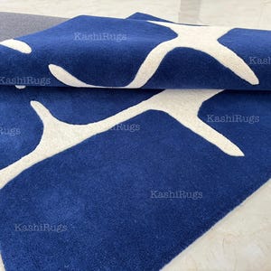 Modern Blue and White Geometric Hand Tufted Wool Rug | Mid Century ...