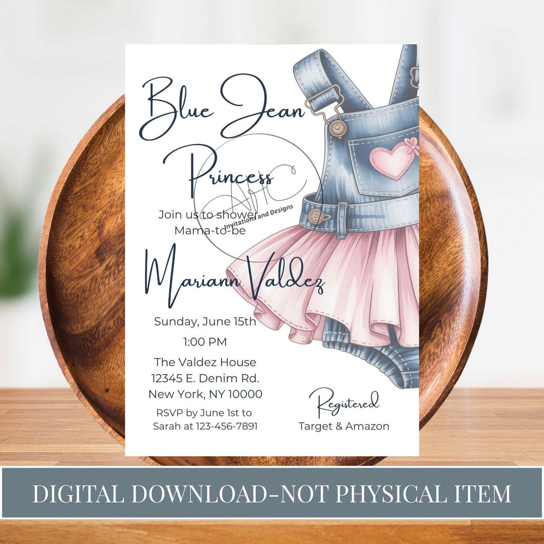 Blue Jean Princess Baby Shower Invitation, Tutu Overalls (digital Evite ...