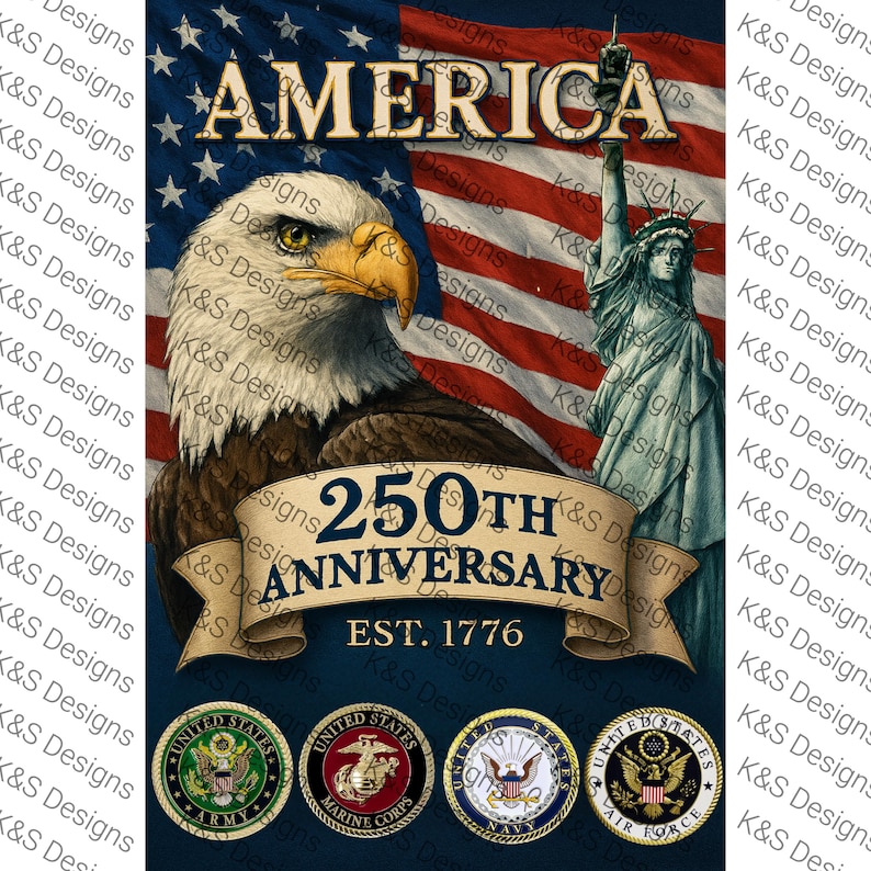 Patriotic America 250th Anniversary Art: Bald Eagle, Flag, Military ...