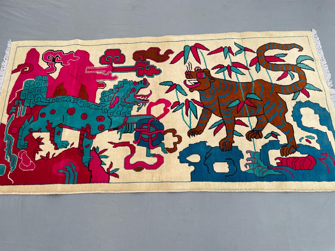 3x6 Tibetan Tiger Pictorial Rug - Handmade Wool Carpet - Tiger and ...