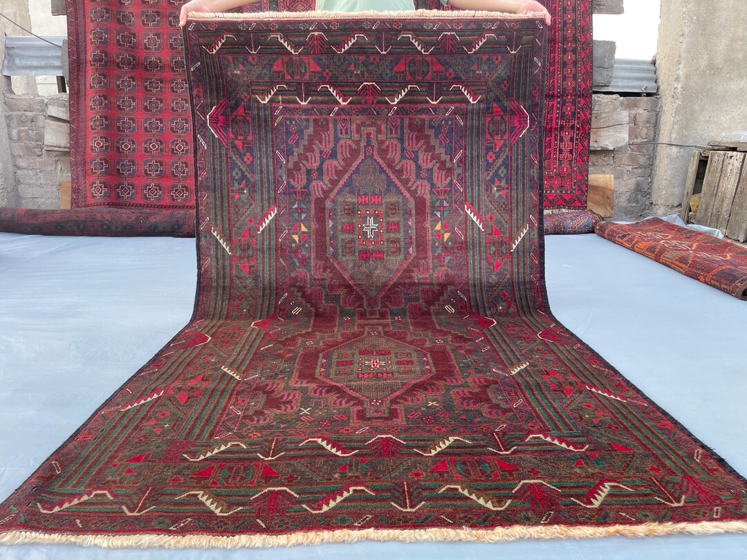 Afghan Antique Red Green Rug, 4x6 Hand Knotted Wool Rug, Rustic Boho ...
