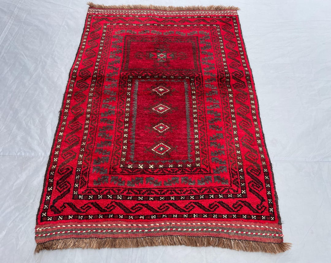 3x4 Red Faded Vintage Rug, Antique Geometric Wool Rug, 3x4 Handmade ...