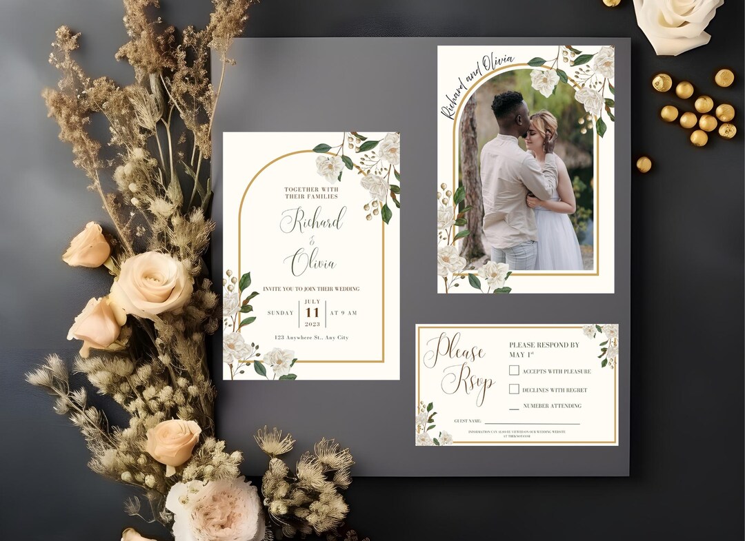 EDITABLE Minimalist Cream Flower Wedding Invitation With Photo Card ...