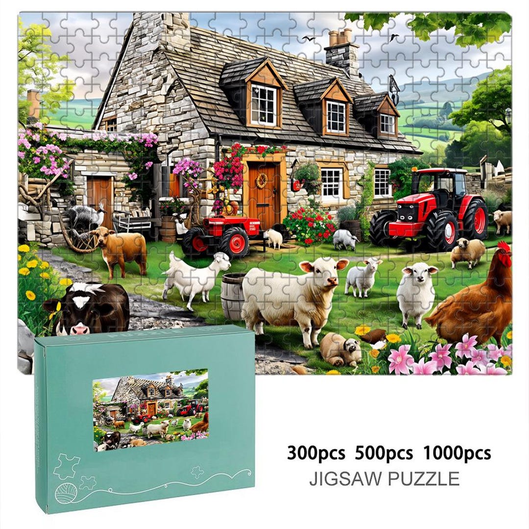 Charming Farm Animals & Stone Cottage Jigsaw Puzzle (300/500/1000pcs ...