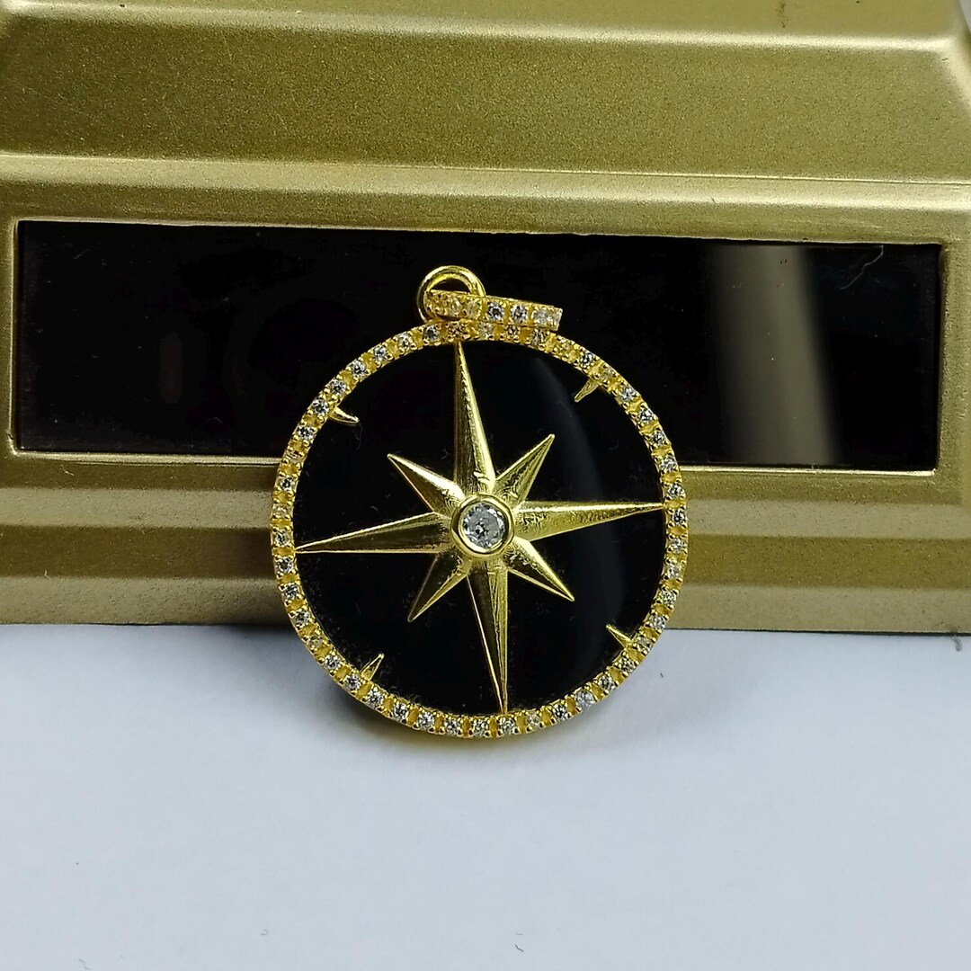 14k Gold Fill Diamond, Black Onyx Compass Necklace, Travel Jewelry ...